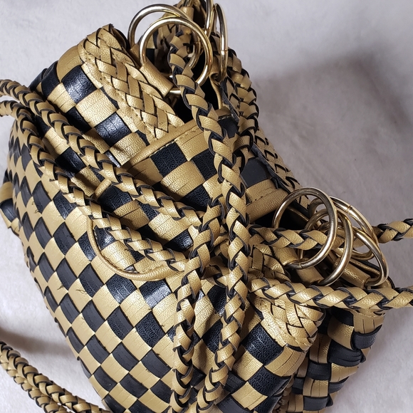 Bags | Gold And Black Woven Checkered Handbag | Poshmark